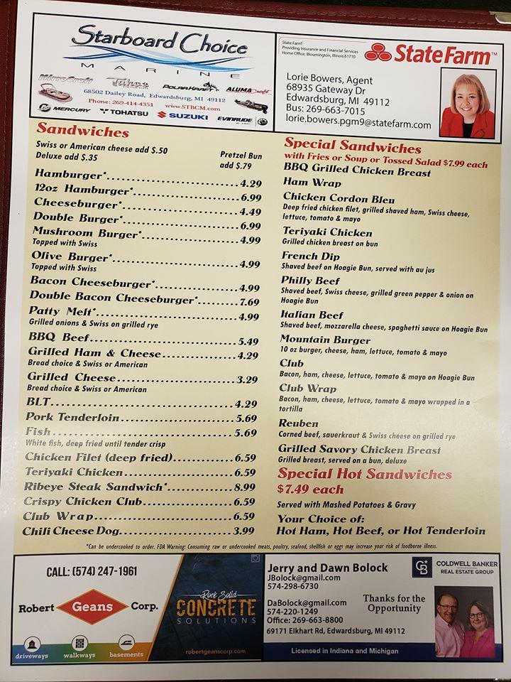 Menu at Spicy's restaurant, Edwardsburg