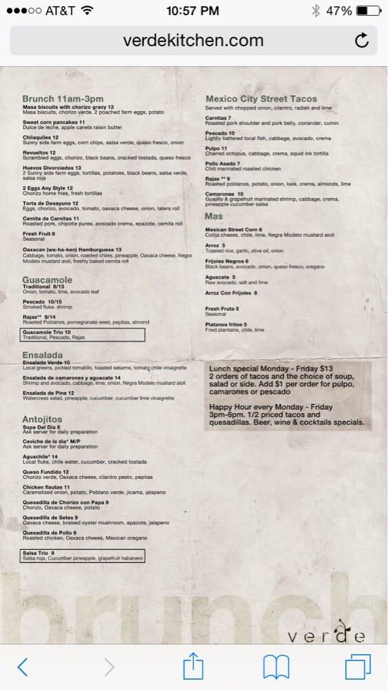 Menu at Verde Kitchen & Cocktails pub & bar, Bay Shore