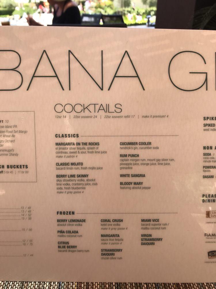 Carta del café Cabana Grill, Las Vegas, 3799 S Las Vegas Blvd