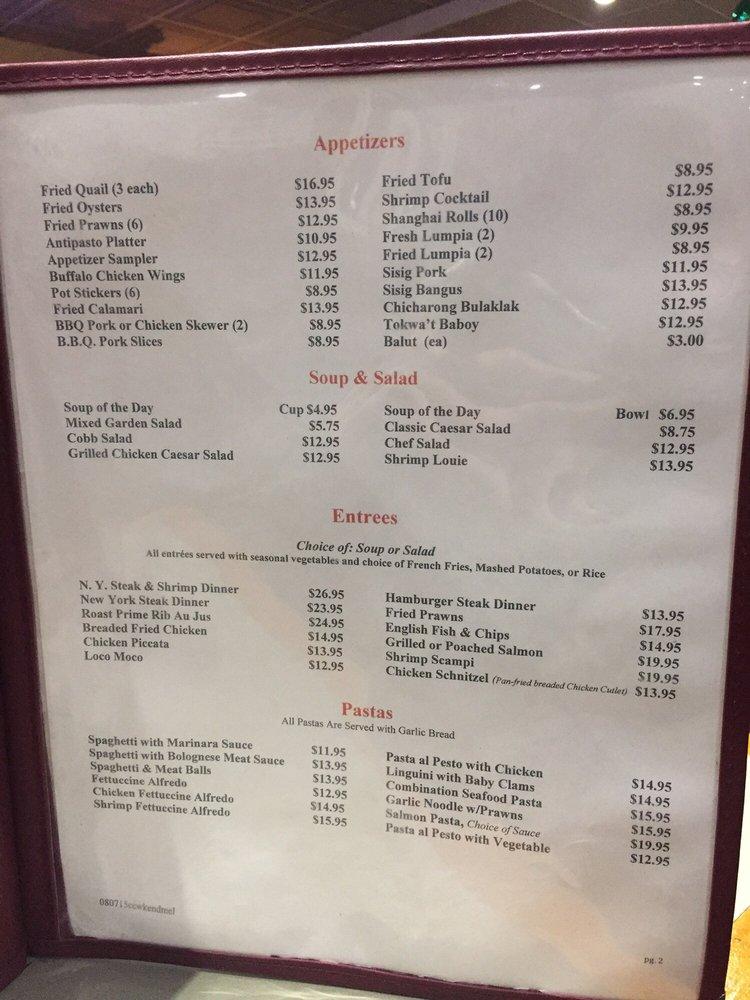 Menu at Lucky Chances Casino restaurant, Colma