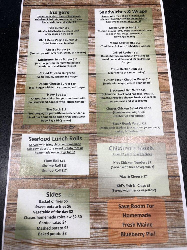 Menu at Chase's Restaurant, Winter Harbor