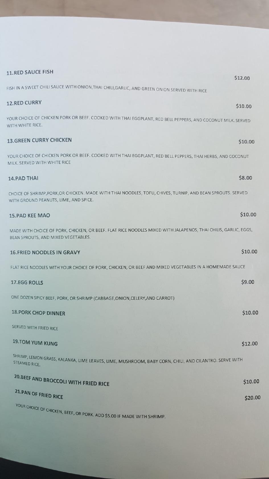 Menu at Jolene's Thai Cuisine restaurant, Brownwood