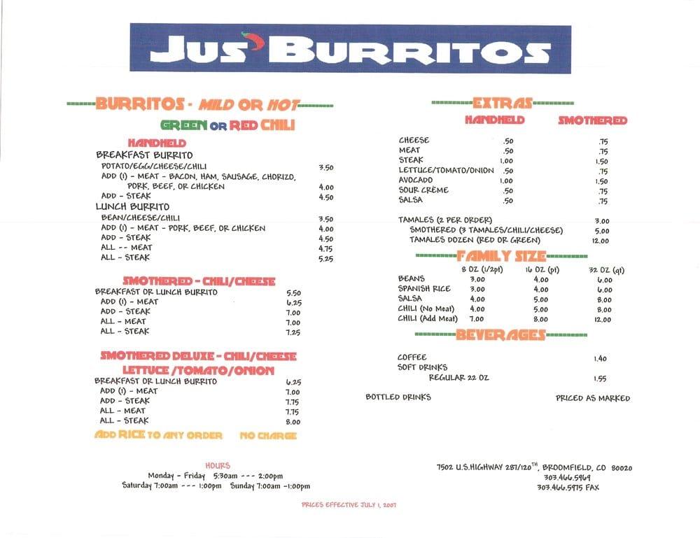 Menu at Jus' Burritos restaurant, Broomfield