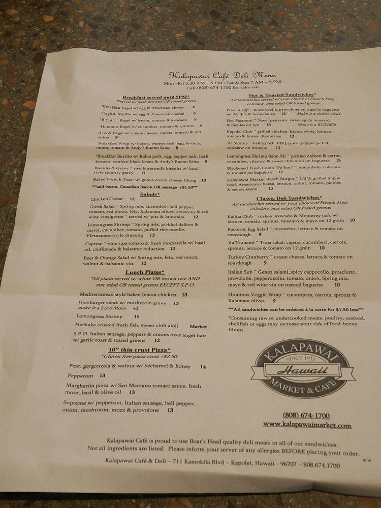 Menu at Kalapawai Cafe & Deli, Kapolei