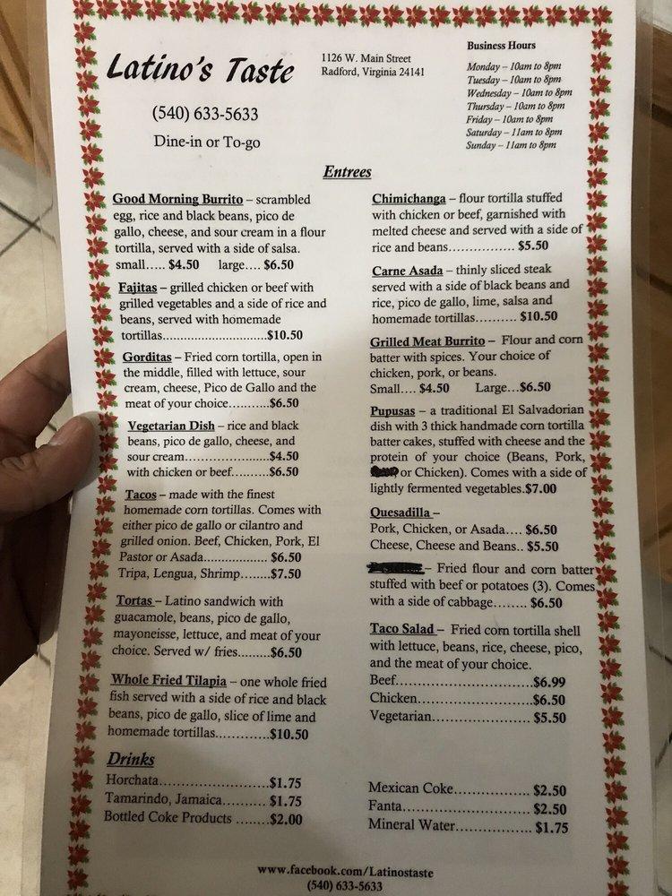 Menu at Latino's Taste restaurant, Radford