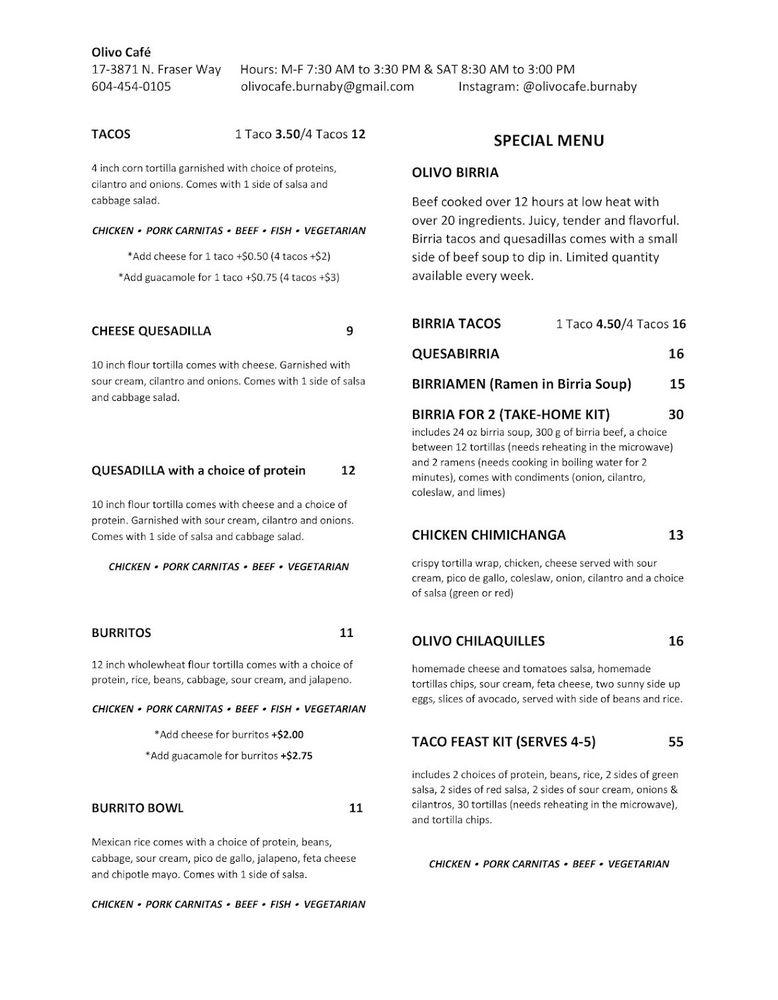 Menu at Olivo Cafe, Burnaby