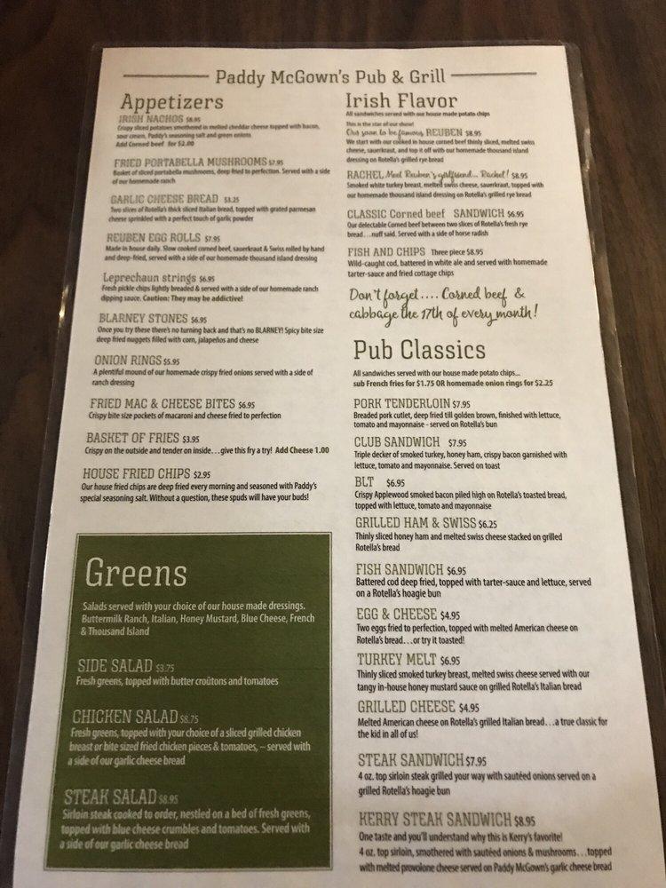 Carta de Paddy McGown's Pub and Grill, Omaha