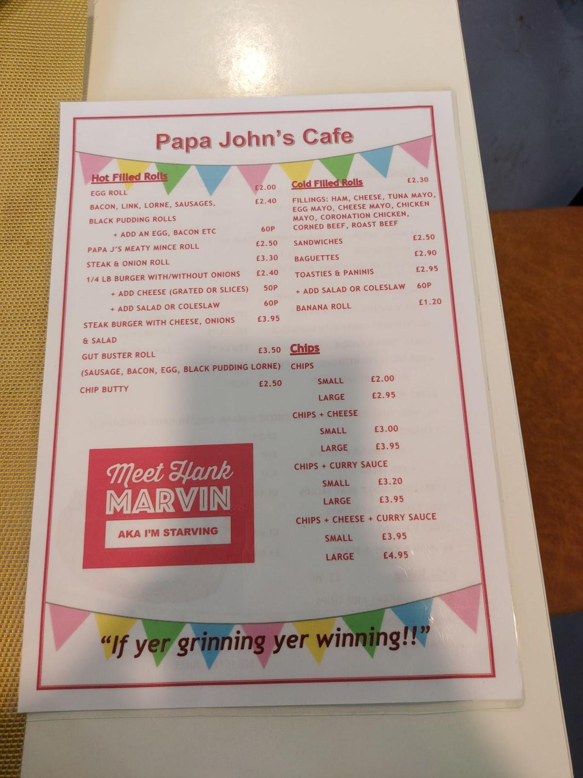 Menu at Papa John's Cafe, Arbroath
