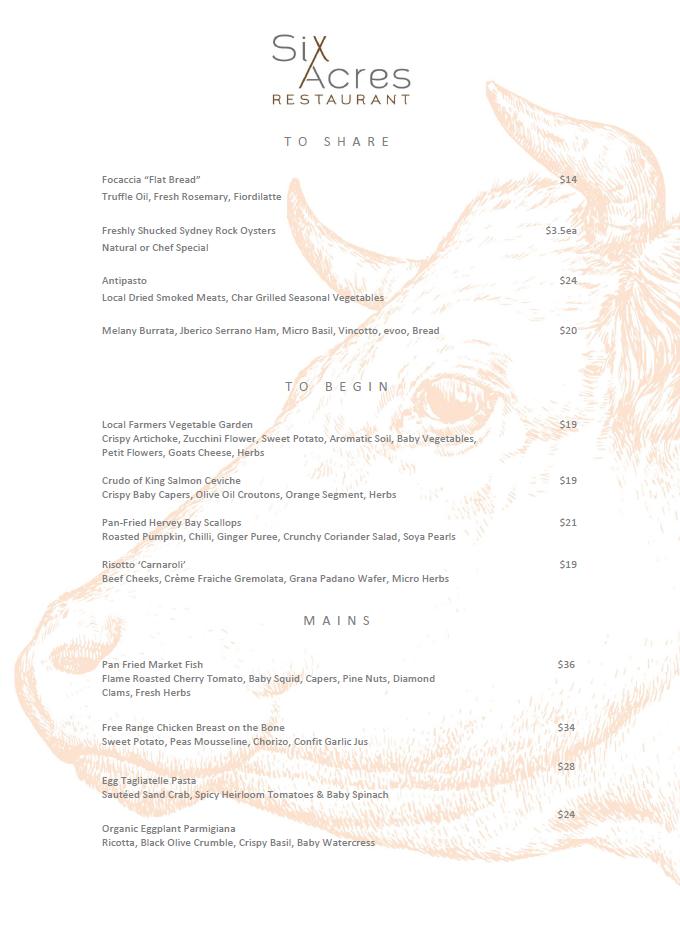 Menu at Six Acres Restaurant, Brisbane City