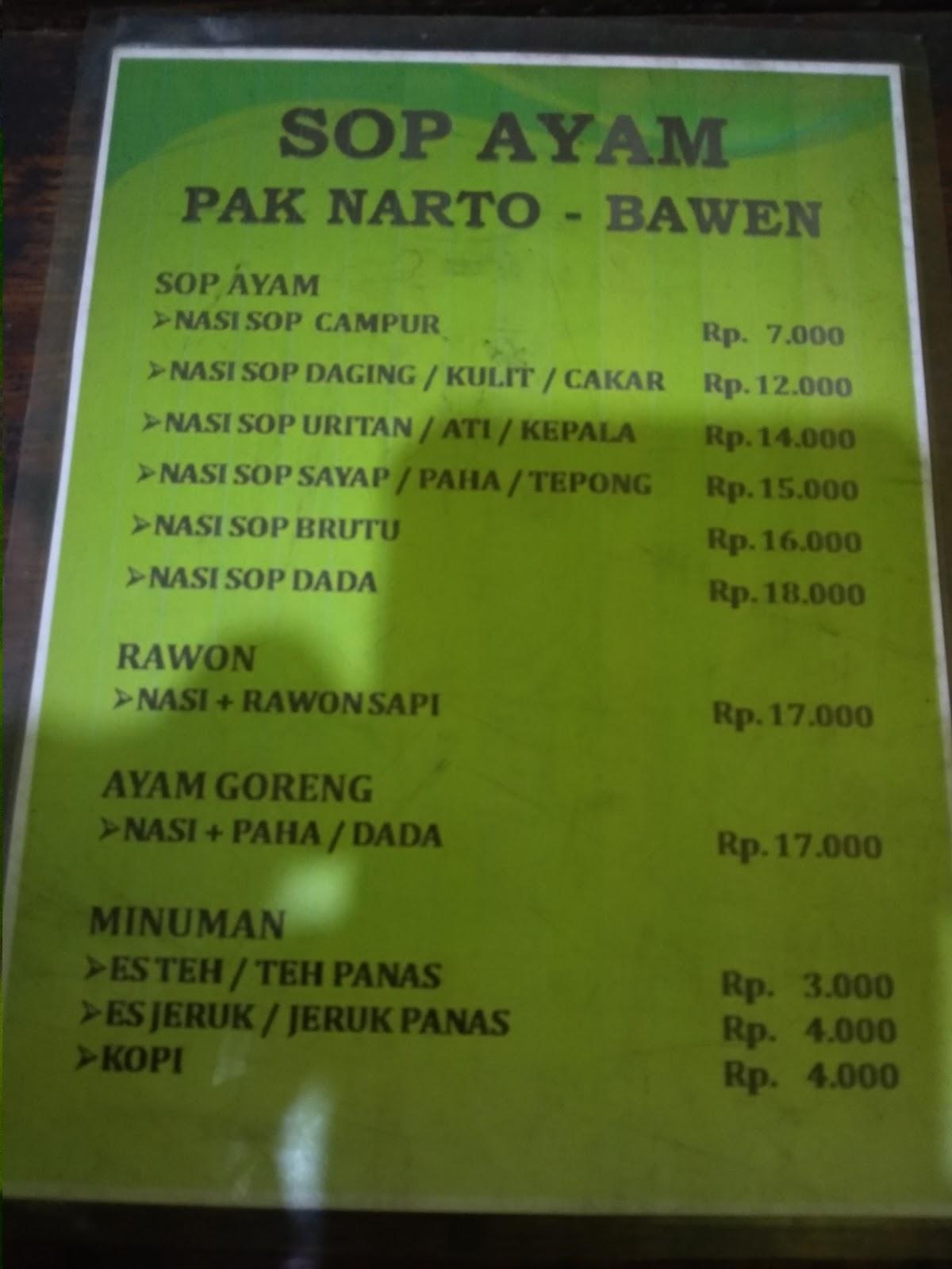 Menu at Sop Ayam & Rawon Pak Narto - Bawen, Bawen