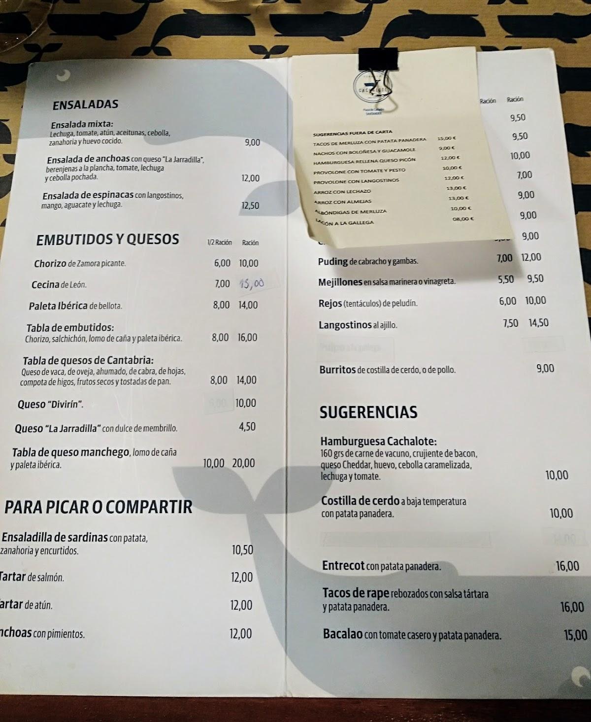 Carta del pub y bar TABERNA CACHALOTE, Santander