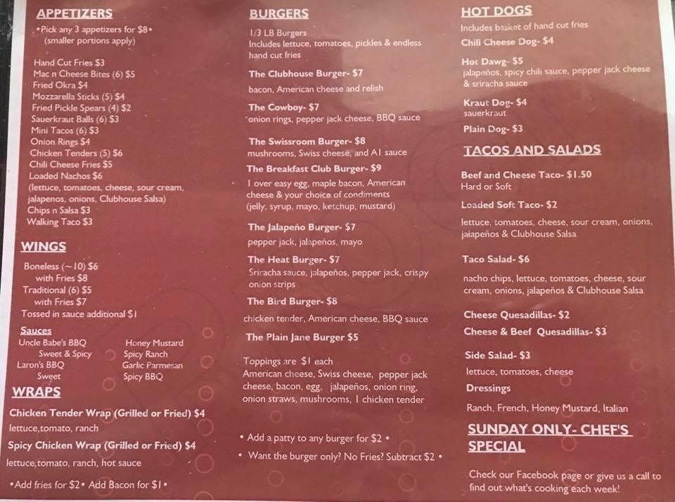 Menu at The Clubhouse, Alliance