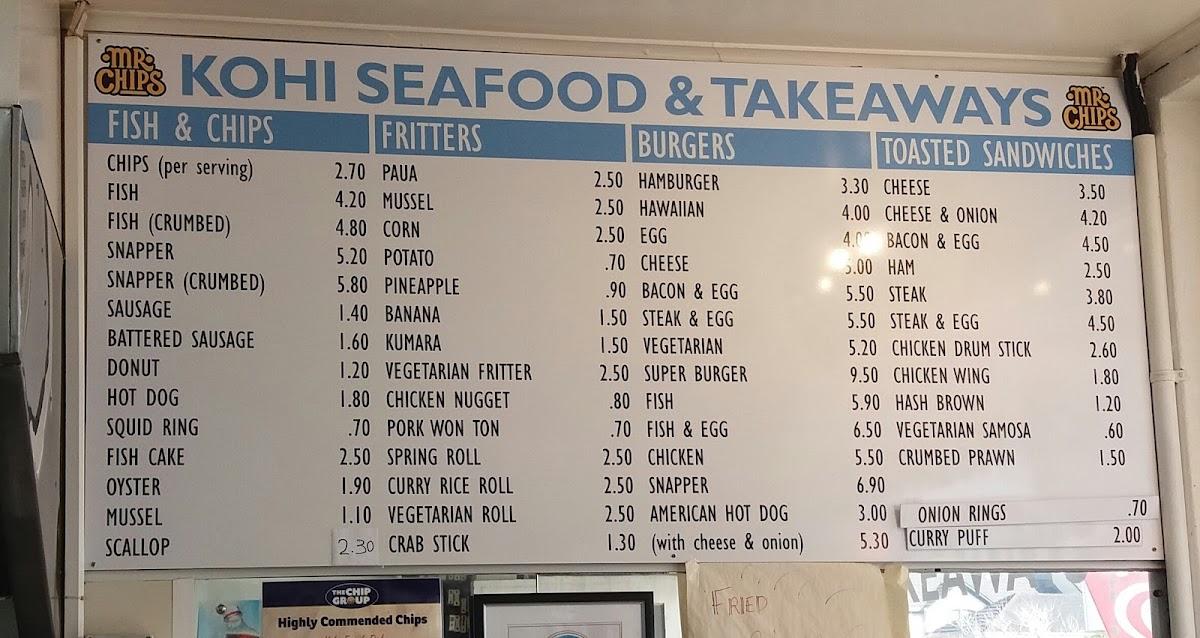 Menu at Kohi Fresh Fish & Takeaways fast food, Auckland
