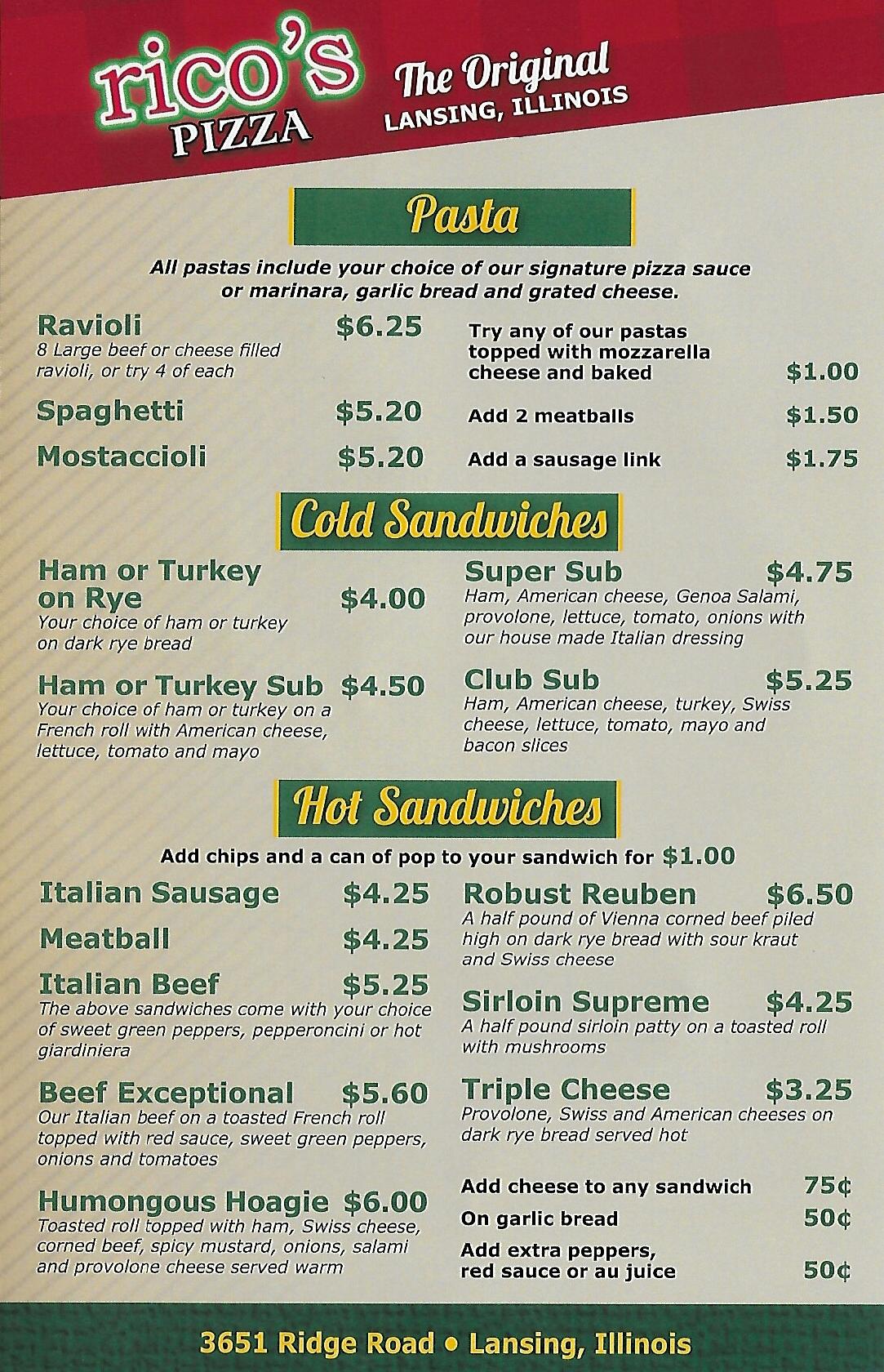 Menu at rico's Pizza pizzeria, Lansing, Ridge Rd