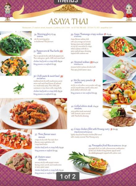 Menu at Asaya Thai Restaurant, Keswick