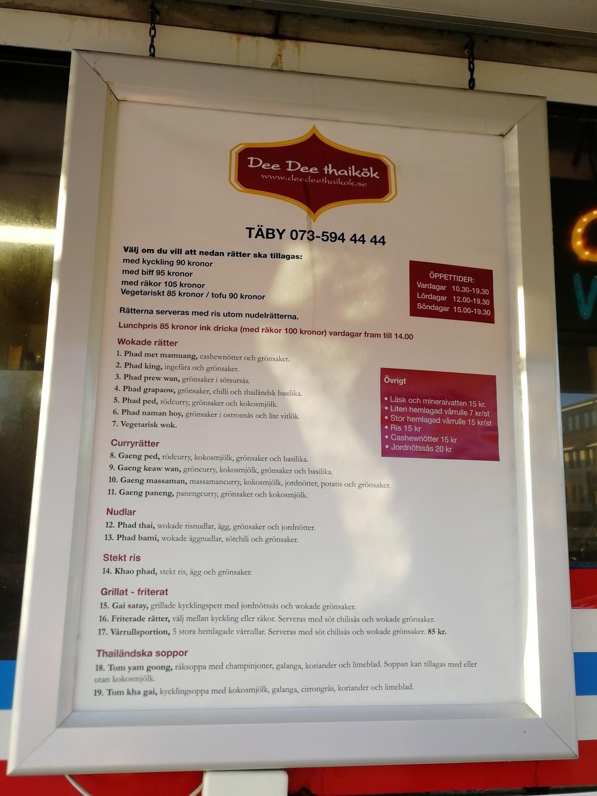 Menu at Dee Dee thaikök restaurant, Täby