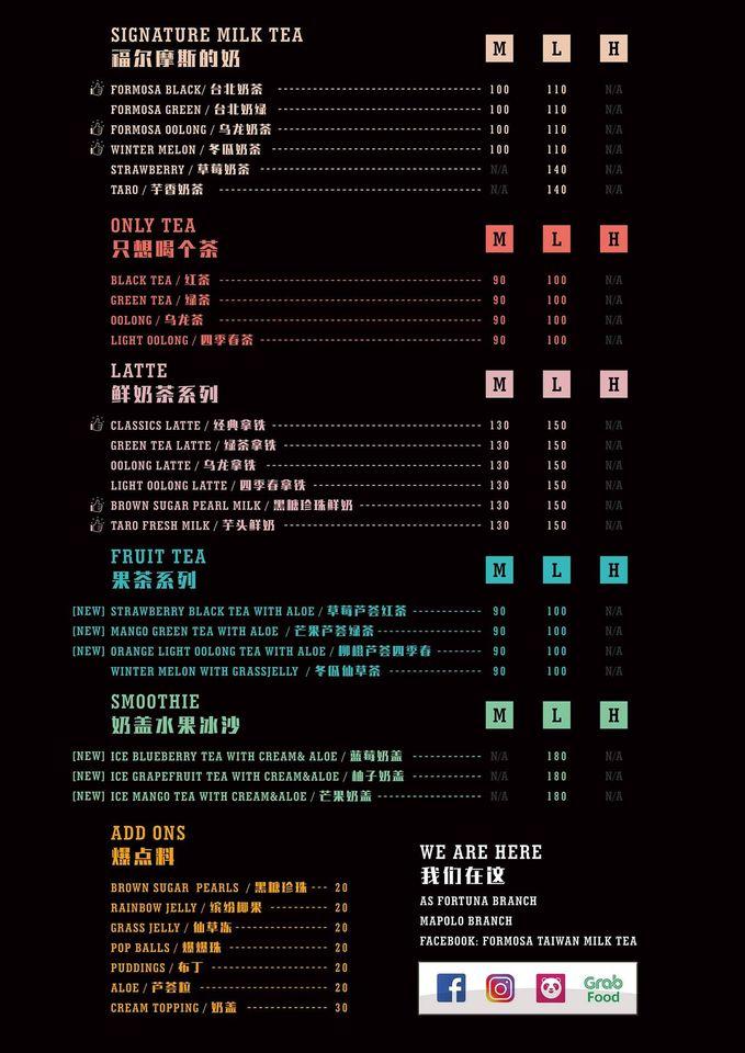 Carta del restaurante Formosa Taiwan Milk Tea, Filipinas