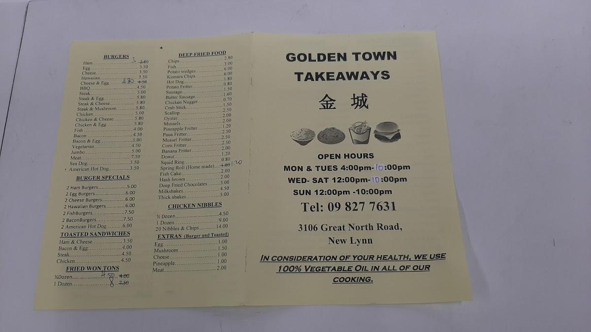 Menu at Golden Town restaurant, Auckland