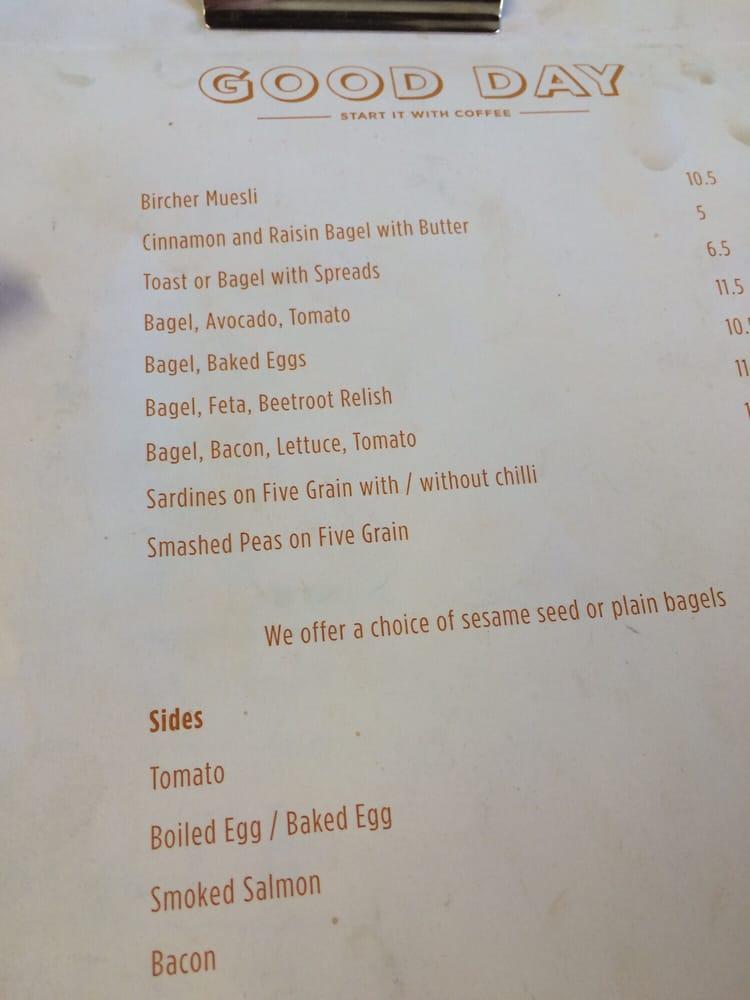 Menu at Good Day cafe, Auckland
