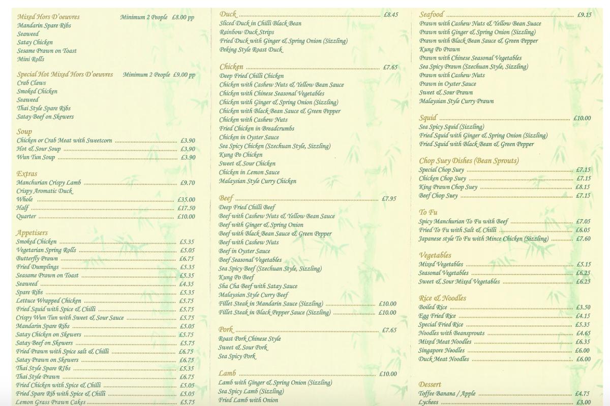 Menu at Meng House restaurant, Amersham, 13A Nightingales Corner