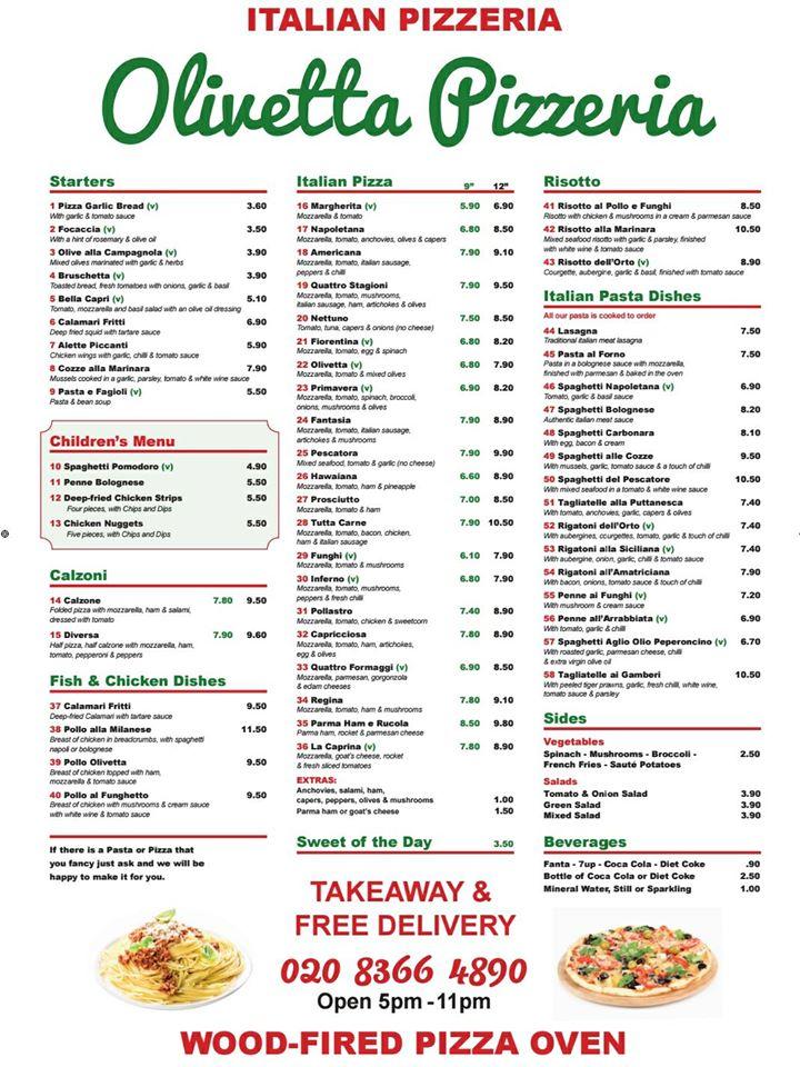 Menu at Olivetta Pizzeria, Enfield, 122 Lavender Hill