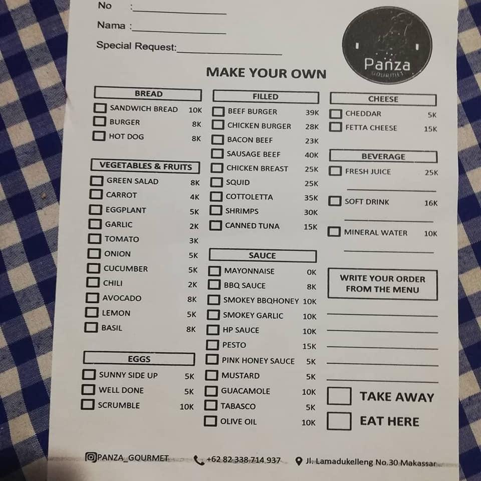 Menu at PANZA GOURMET cafe, Makassar
