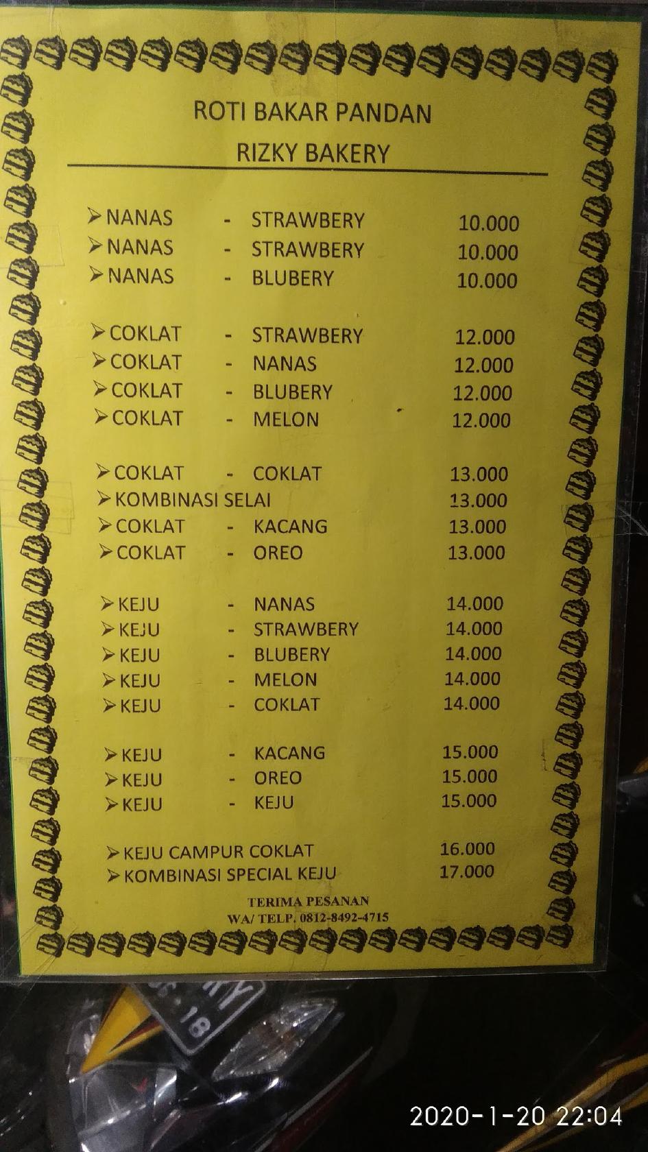 Menu at ROTI BAKAR PANDAN RIZKY BAKERY, Tunggur