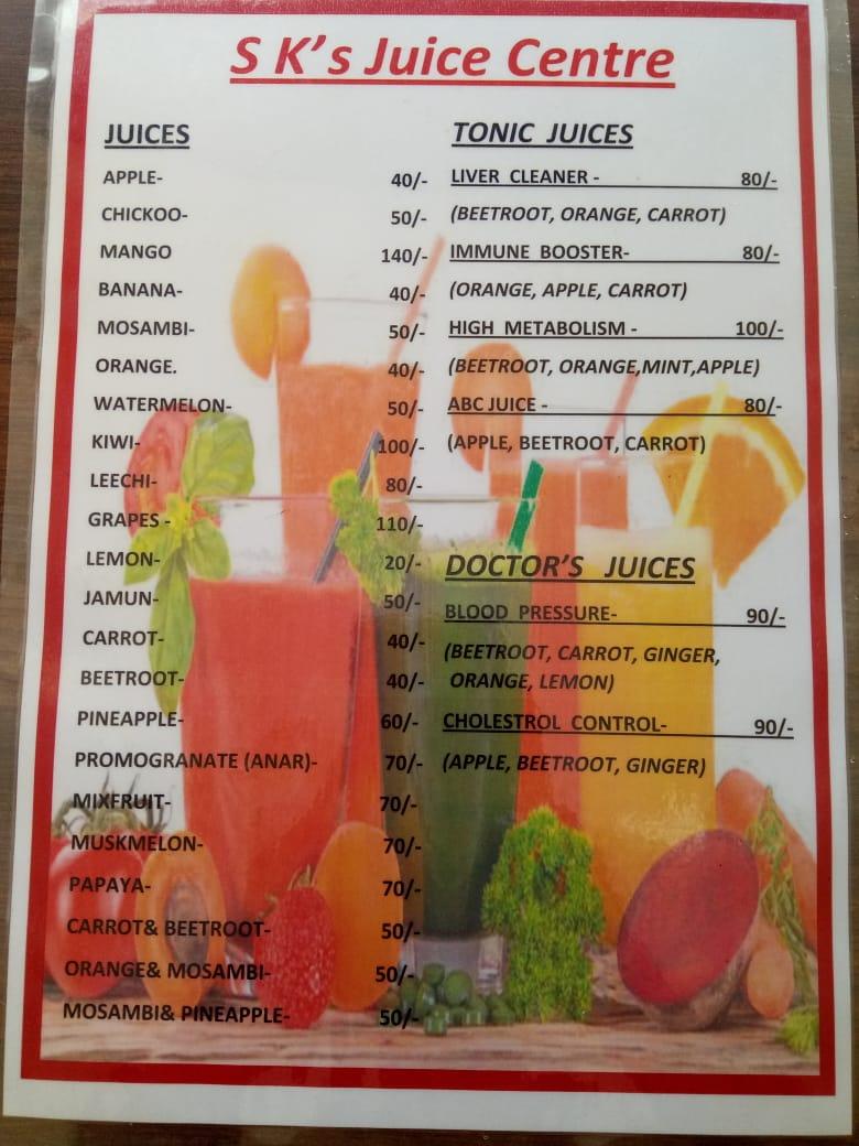 Menu at S. K's Juice Center, Thane