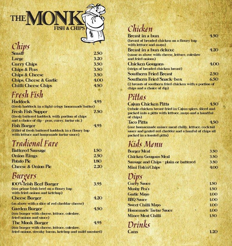 Menu at The Monk Fish & Chips restaurant, Ireland