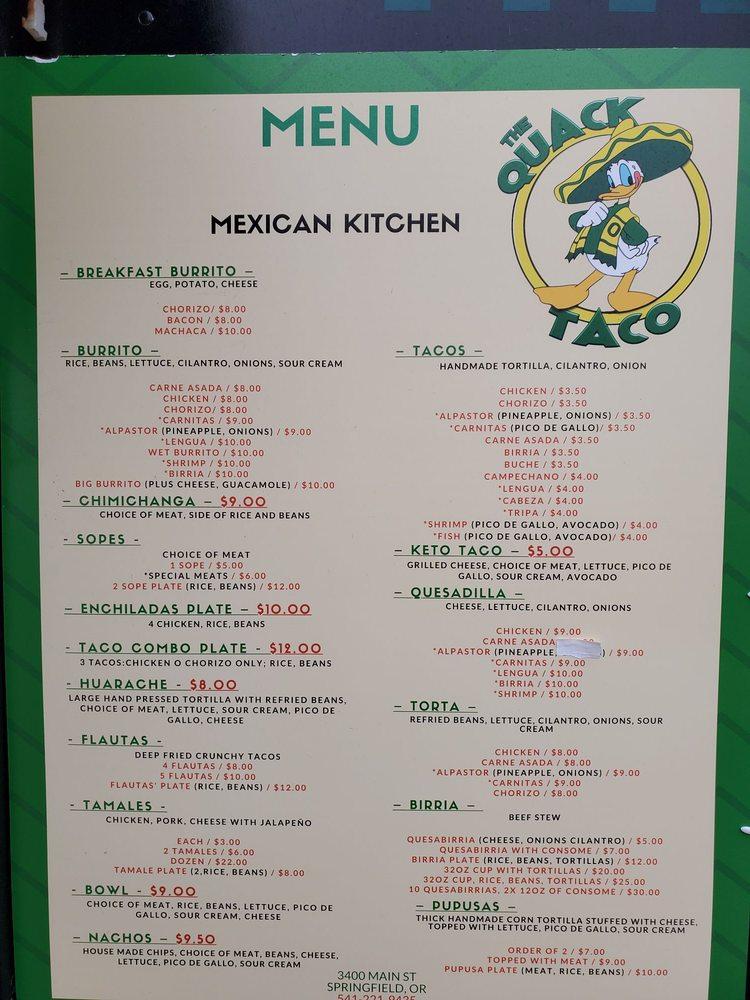 Menu at The Quack Taco restaurant, Springfield, Main St