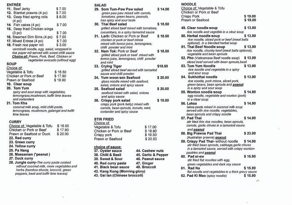Menu at Tia's Cafe, Cairns
