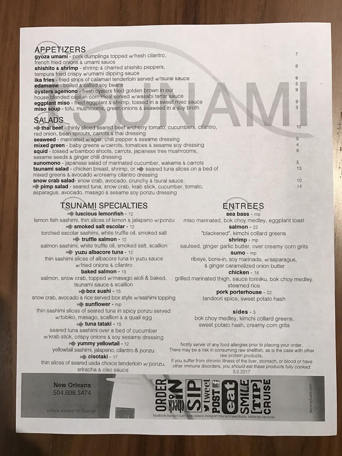 Menu at Tsunami Sushi Baton Rouge restaurant, Baton Rouge