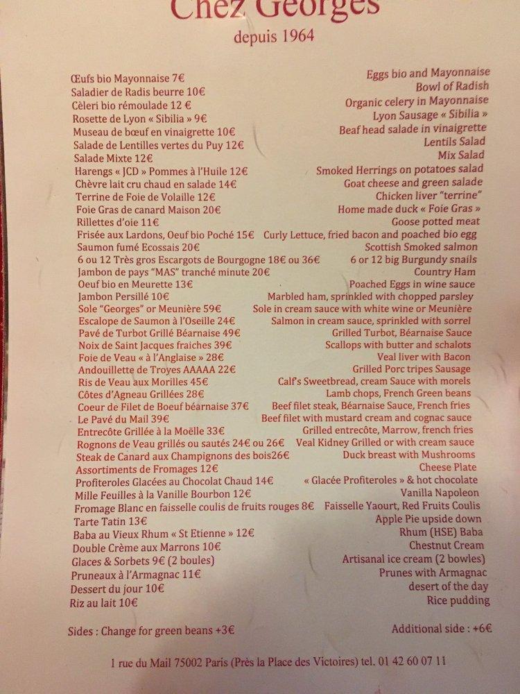 Menu at Chez Georges restaurant, Paris, 1 Rue du Mail