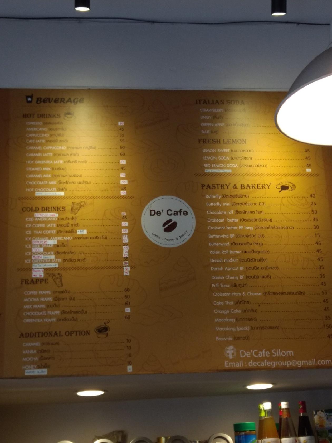 Menu at De' Cafe, Bangkok