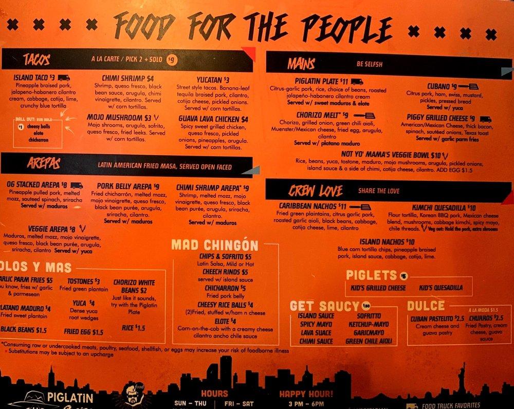 Menu at Piglatin Cocina pub & bar, Colorado Springs