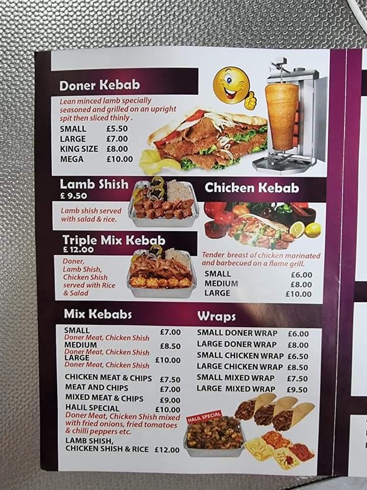 Menu at Smiley's Kebab fast food, Basingstoke