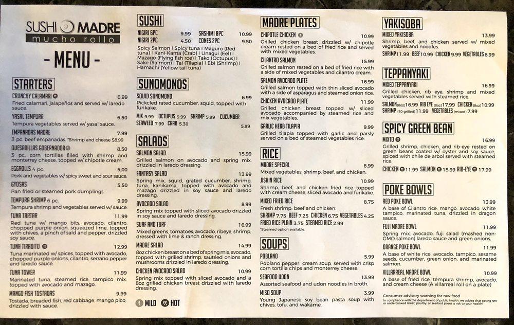 Menu at Sushi Madre restaurant, Laredo, McPherson Rd