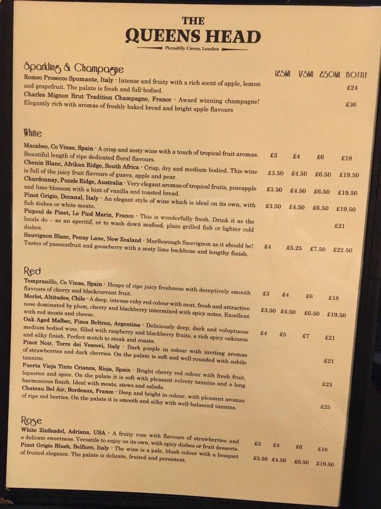 Menu at The Queens Head pub & bar, London, 15 Denman St