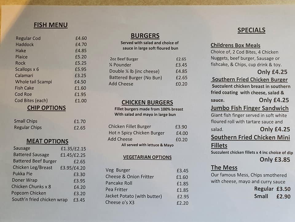 Menu at Trebonney Fish & Chip Shop fast food, Roche