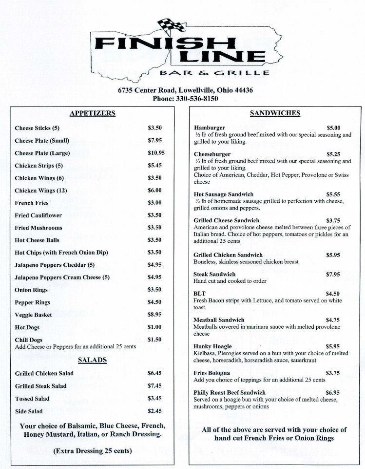 Carta de Finish Line Bar & Grille, Lowellville