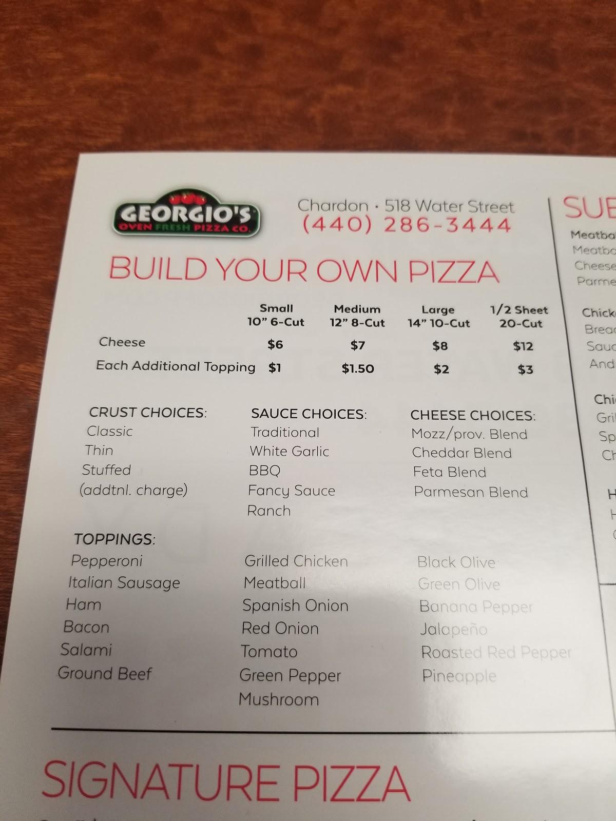 Menu at Georgio's Oven Fresh Pizza Co pizzeria, Chardon