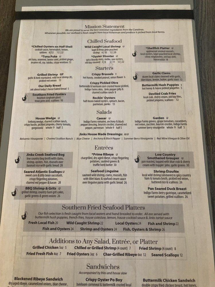 Menu at Jinks Creek Waterfront Grille restaurant, Ocean Isle Beach