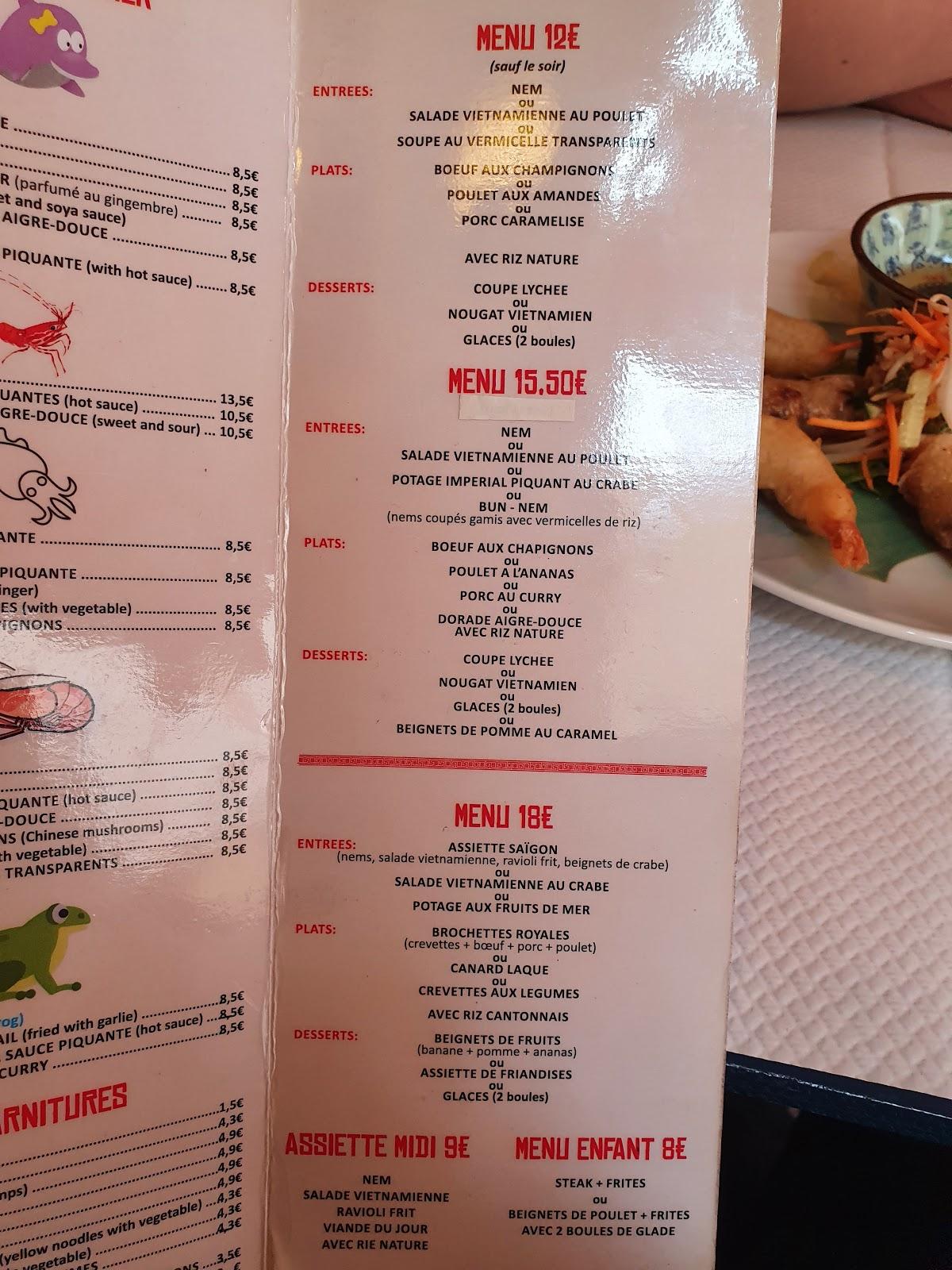 Menu at Le Saigon restaurant, Nyons