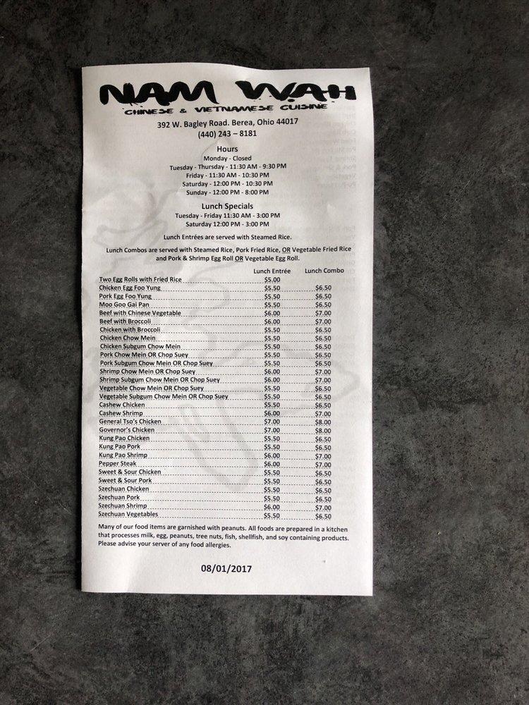 Menu at Nam Wah Chinese & Vietnamese Cuisine restaurant, Berea