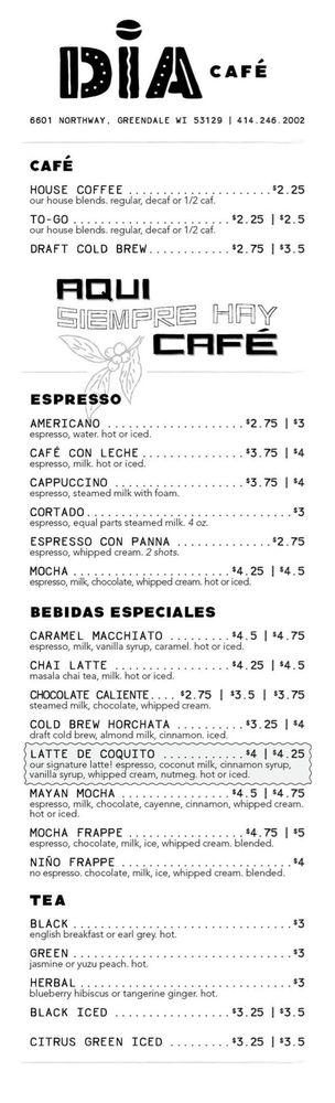 Menu at Dia Cafe, Greendale