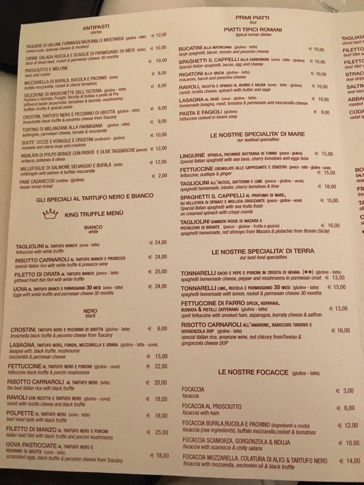 Menu at Osteria Barberini, Rome