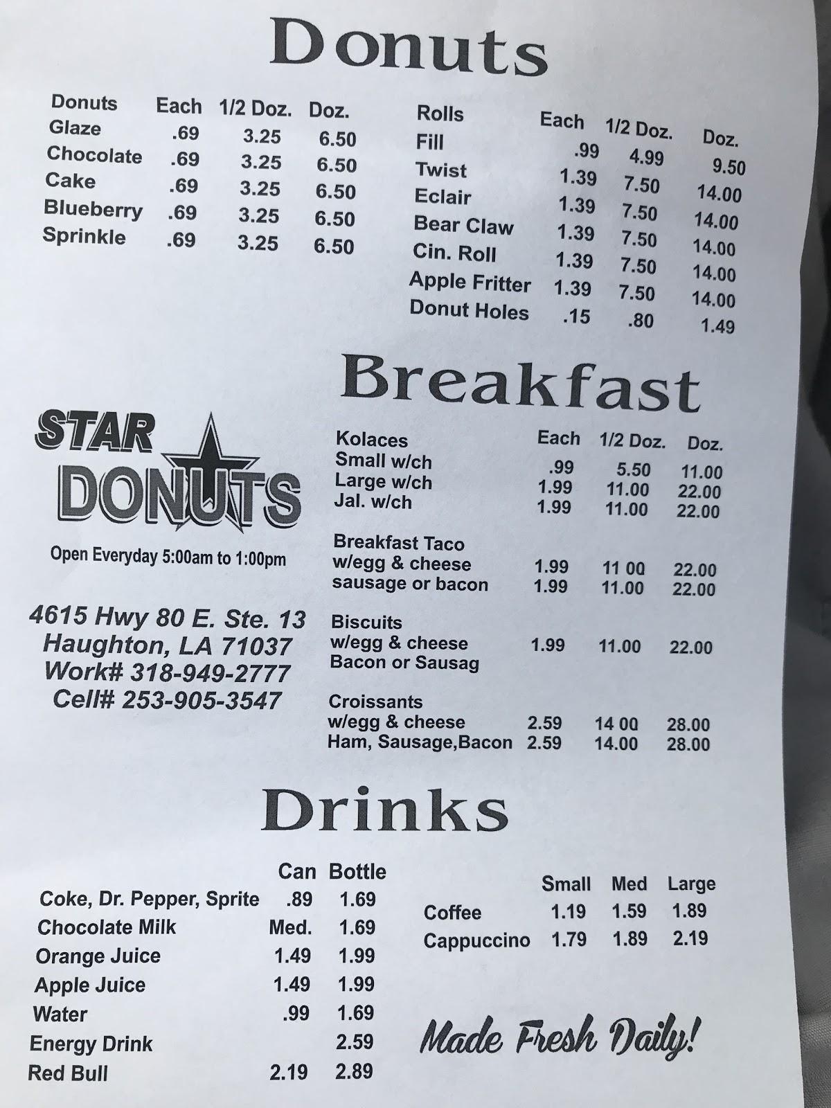 Menu at Star Donuts, Haughton