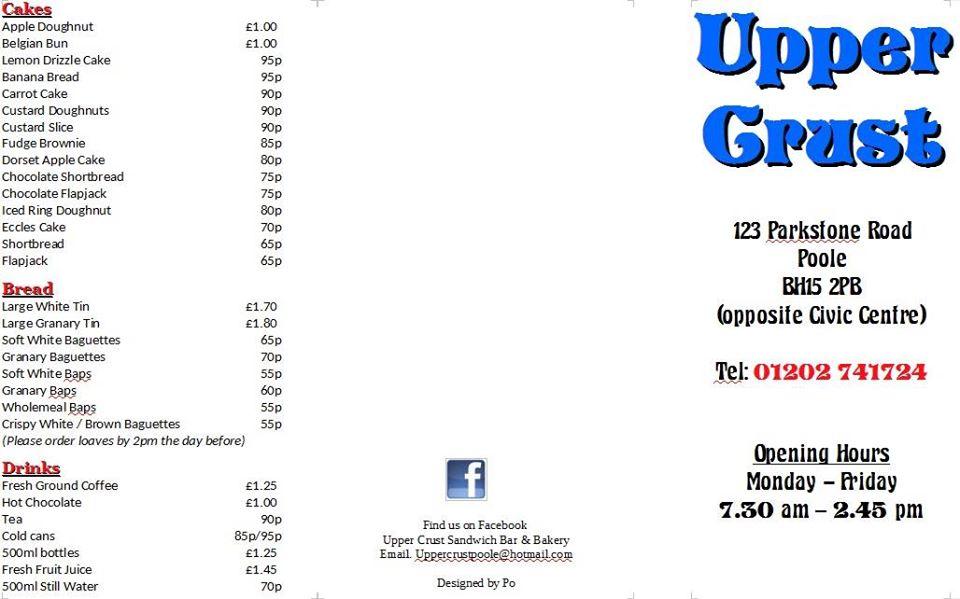 Menu at Upper Crust Sandwich Bar & Bakery, Poole
