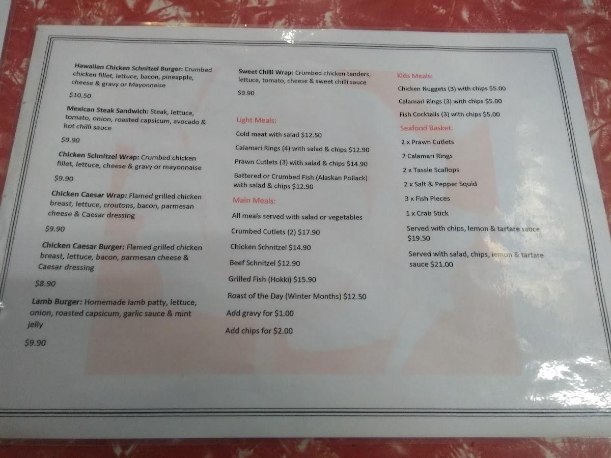 Carta de White Rose Cafe, Temora