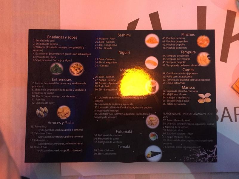 Carta del restaurante Yuki, Badalona